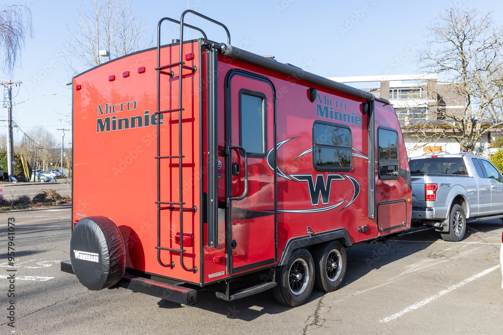 Beaverton, Oregon, USA - March 7, 2024 - Red Winnebago Micro Minnie ...