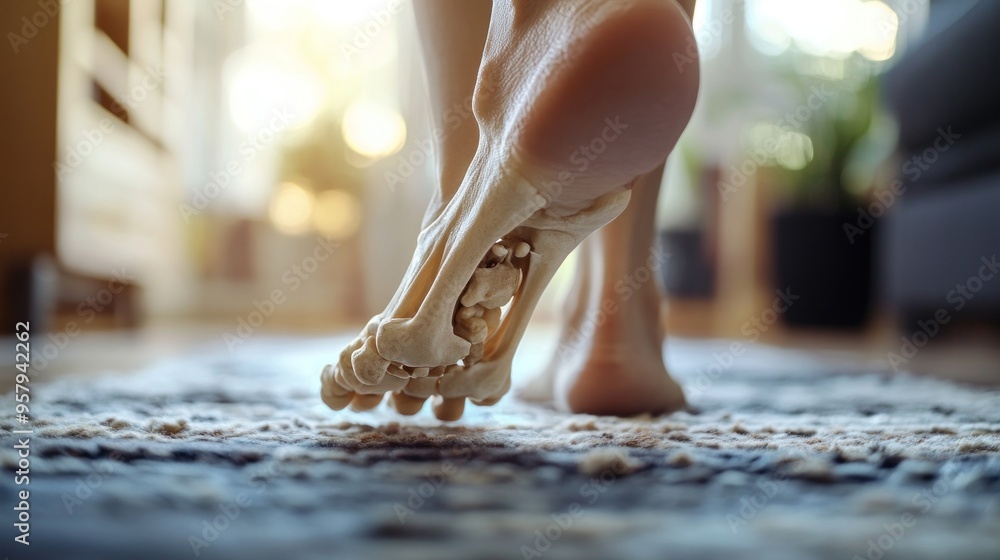 A close-up shot of a woman's foot walking on a carpet, with the bones ...