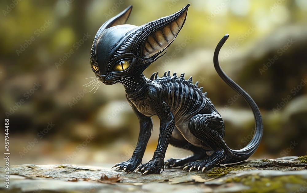 Cute alien cat hybrid with a long, slender body, expressive eyes, and ...