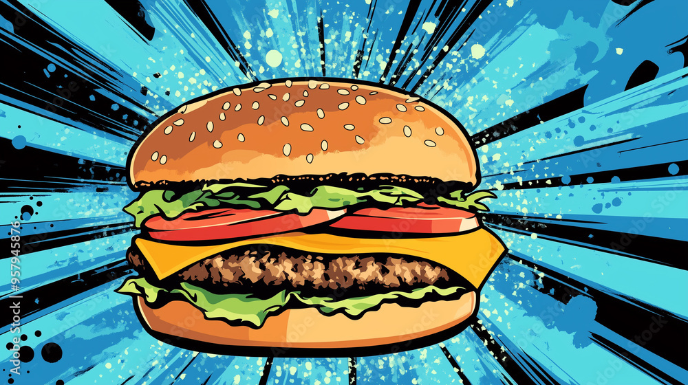 It is a burger ad designed like a comic book cover. It's a pop art ...