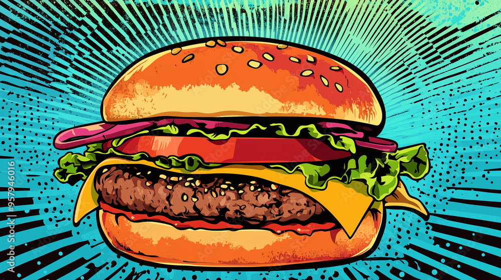 It is a burger ad designed like a comic book cover. It's a pop art ...