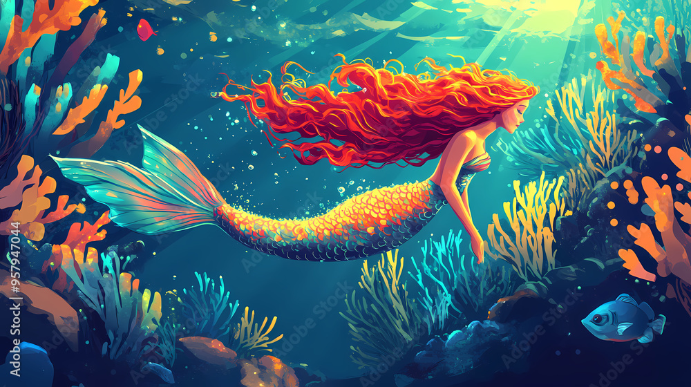Beautiful mermaid girl with red long curly hair swims underwater in the ...