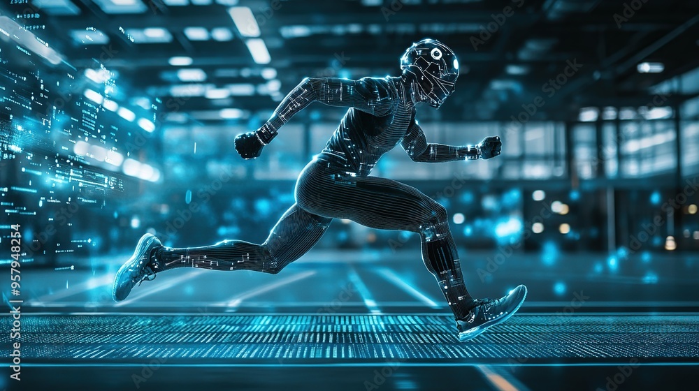 Motion capture suit on a runner in action, sensors detecting body ...