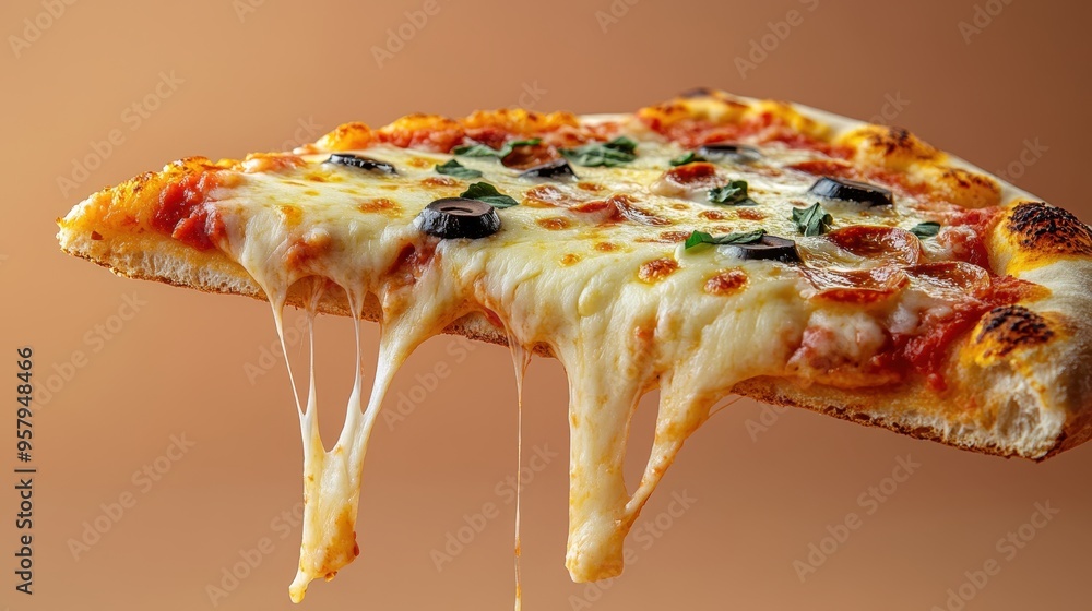 Close-up of a pizza slice flying being pulled, with mozzarella cheese ...