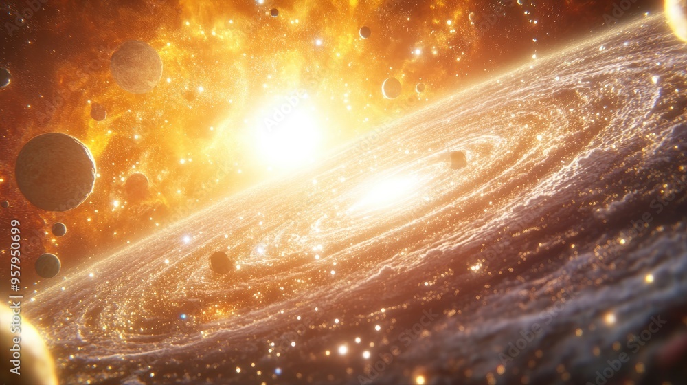 Rendering of a 3D cartoon depicting galaxies and light with planets ...