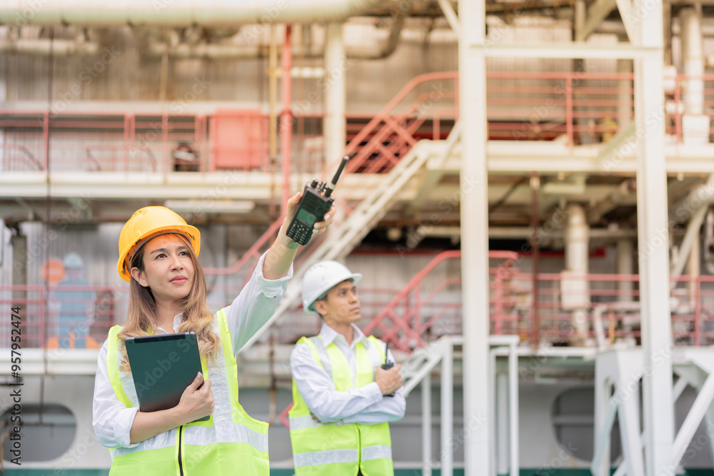 Male and female engineers look at the system in the industrial power ...