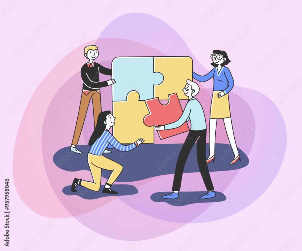 Team connecting puzzle parts. People building jigsaw solution together. Vector illustration for ...