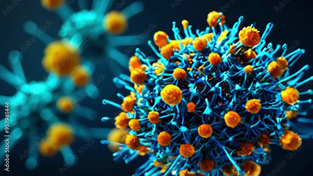 A close-up of a blue and yellow 3D rendering of a virus with spikes ...