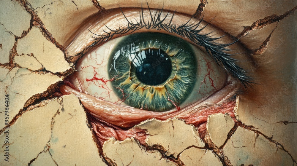 A close-up of a human eye with cracked skin around it. The eye is green ...