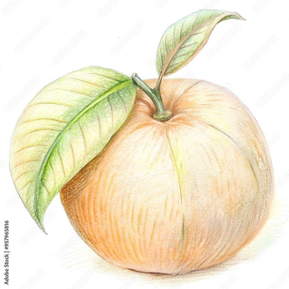 A beautifully illustrated 3D santol fruit with a single green leaf ...