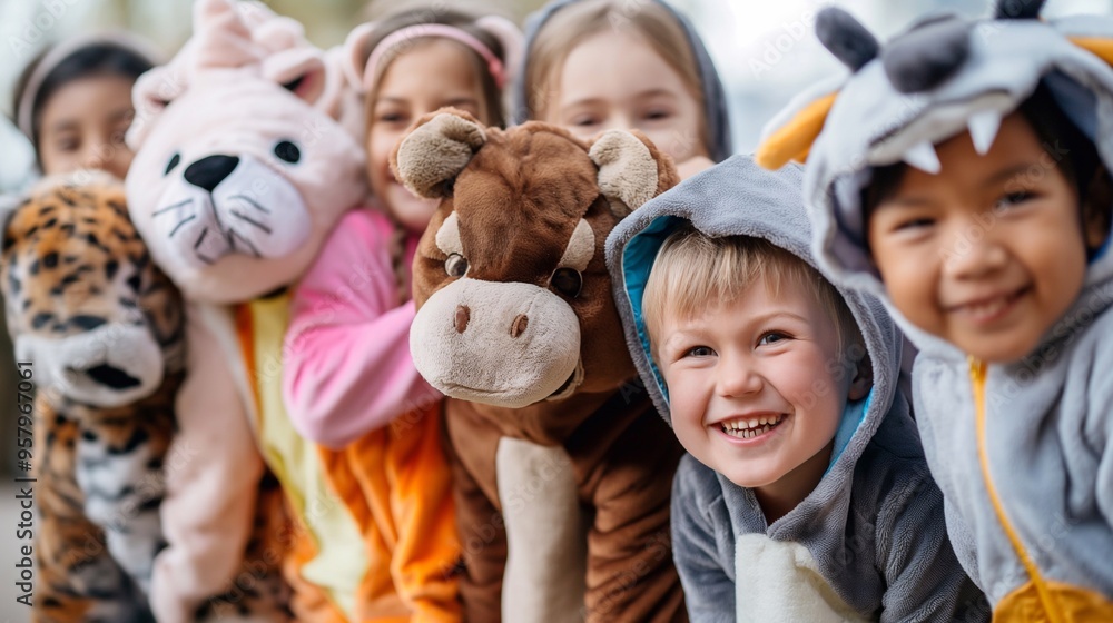 Children in bear costumes at a halloween party, laughing and posing ...