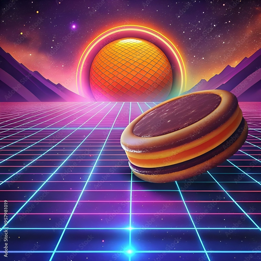 A retro futuristic 3D illustration of a Jaffa Cake in a vibrant 80s ...
