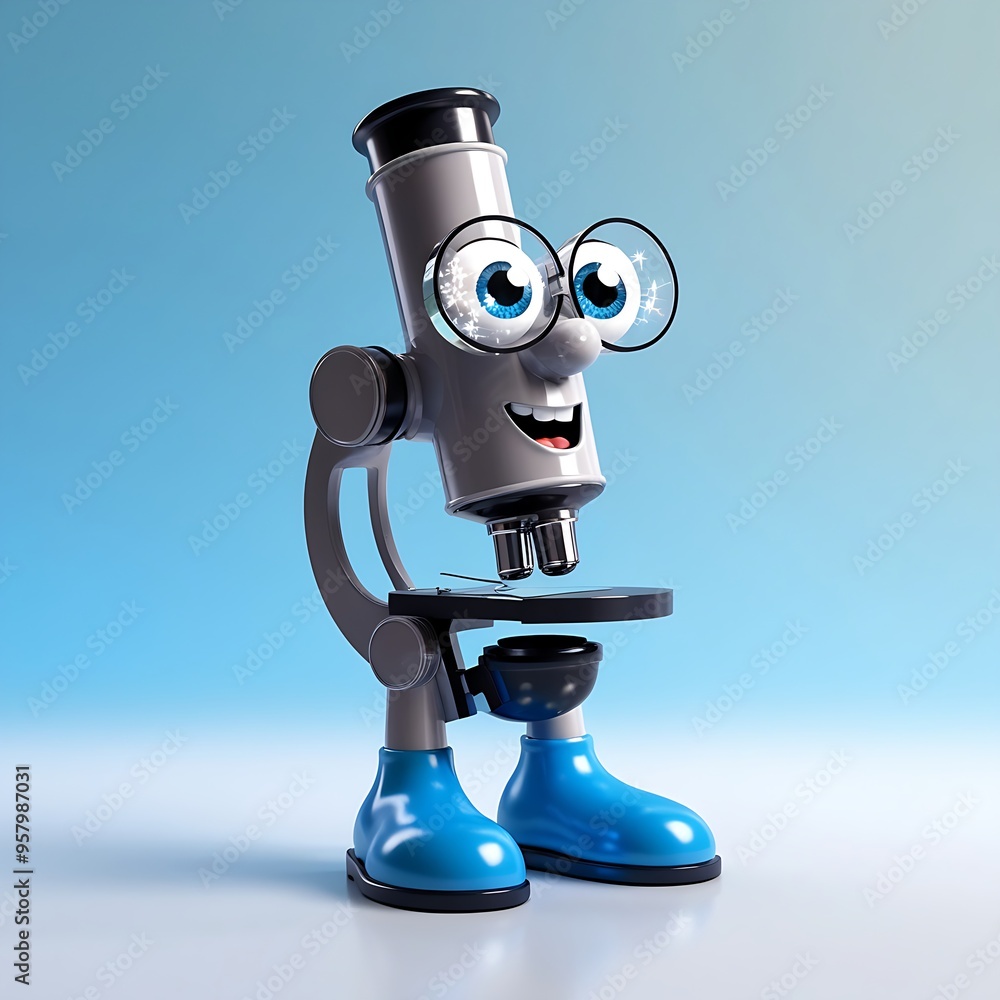 Gray microscope character, curious, large sparkling eyes, open mouth ...