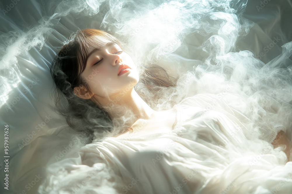Image of a young woman ghostly spirit or soul leaving her body as she ... Image of a young woman ghostly spirit or soul leaving her body as she ...