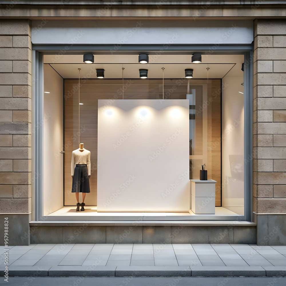 Blank storefront window with a mannequin and a white sign. ready for ...