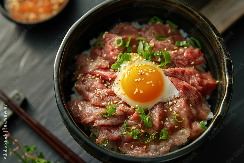 Top View of a Japanese Style Beef Rice Bowl with Sliced Egg, Captured ...