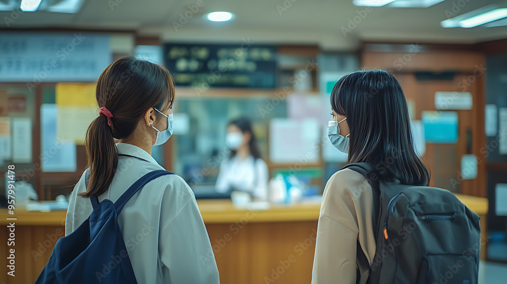 Indoor, school infirmary, infirmary, background in front desk an Asian ...