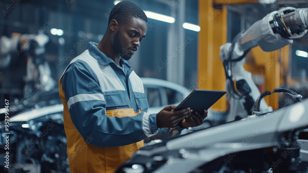 Multiethnic car factory engineer in work uniform using a tablet ...