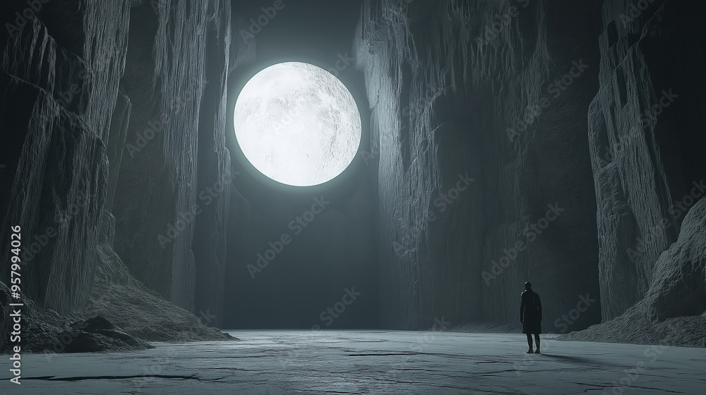 Silhouette of a lone figure standing before a gigantic glowing moon ...