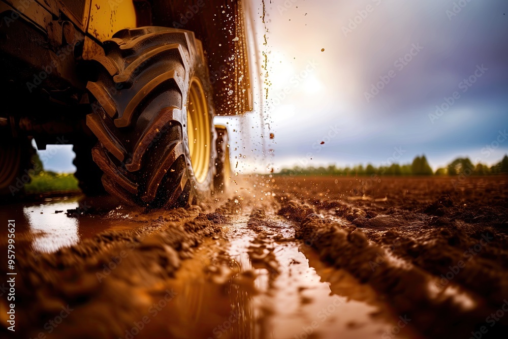 Enormous yellow heavy truck driving on sludge on farm field. Massive ...
