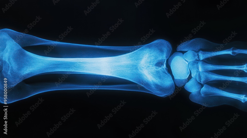 A blue-toned X-ray image of a human forearm and hand, showing the bones ...