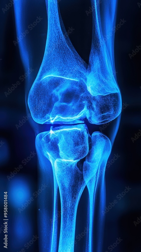 A close-up X-ray image of a human knee joint. The bones and cartilage ...