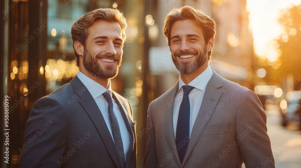 Two smiling men in suits stand together on a city street during golden ...