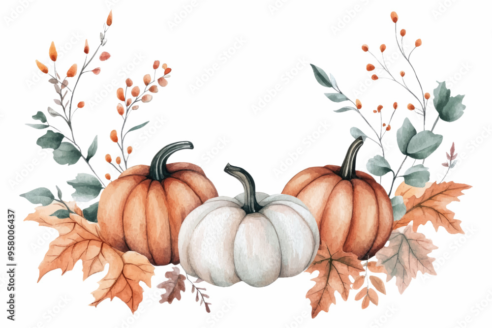 Watercolor Autumn Frame with Pumpkins and Leaves in Clip Art Style on ...