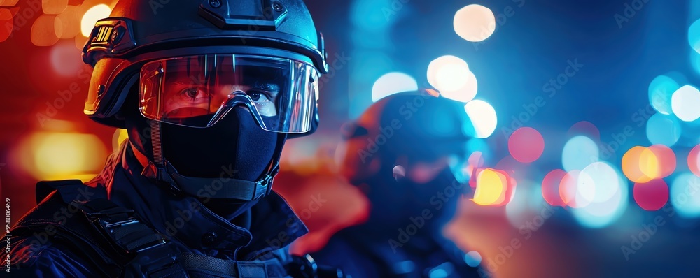 Professional police officers in tactical gear patrol at night ...