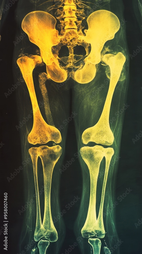 A medical X-ray image of the human lower body, showing the bones of the ...
