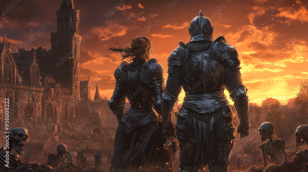 Two knight companions, a man and a woman, clad in thick, shiny armor ...