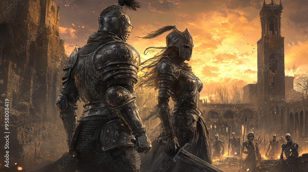 Two knight companions, a man and a woman, clad in thick, shiny armor ...