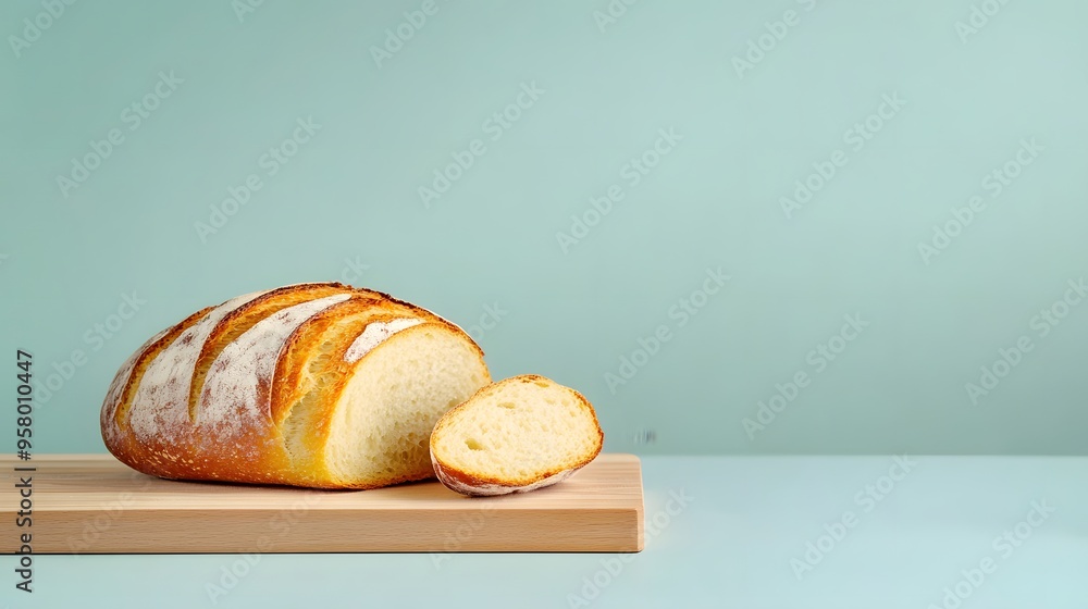 Minimalist food photography of a freshly baked loaf of bread on a ...