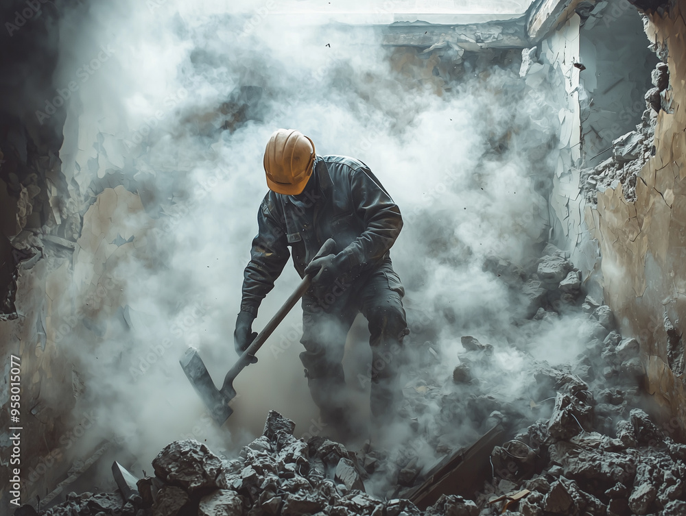 A construction worker in a safety helmet wielding a sledgehammer to ...