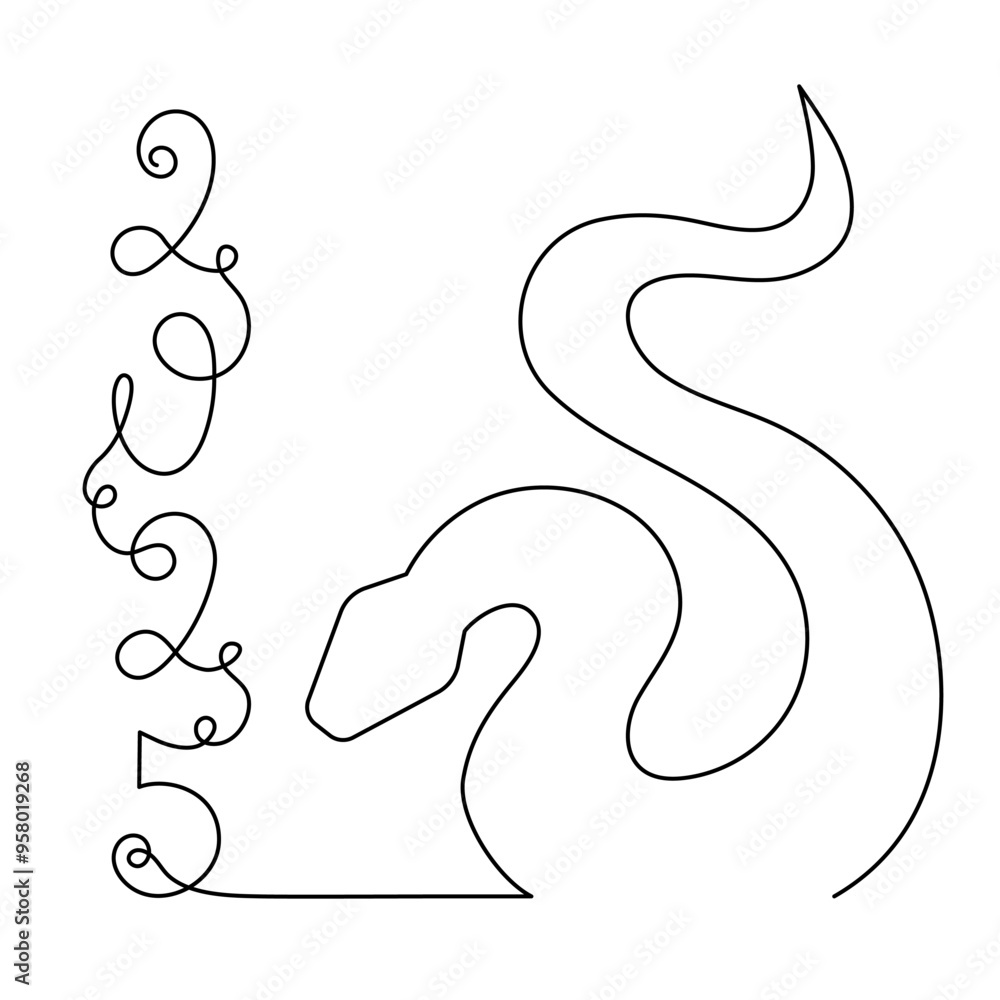 2025 year of snake one line art, hand drawn continuous contour.Holiday ...
