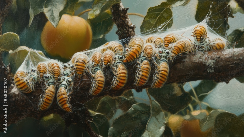 Oil painting depicting a colony of apple ermine moth larvae on an apple ...