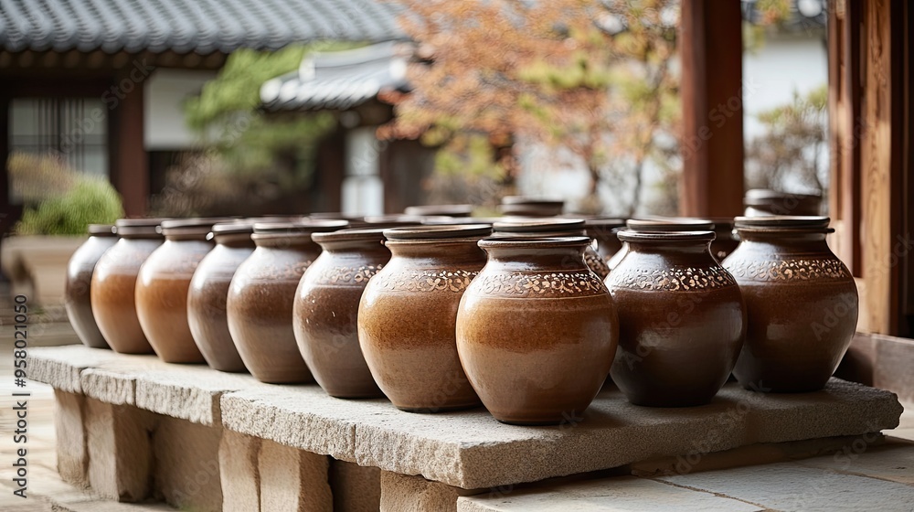 27. A close-up of a Korean jangdokdae, with rows of earthenware ...