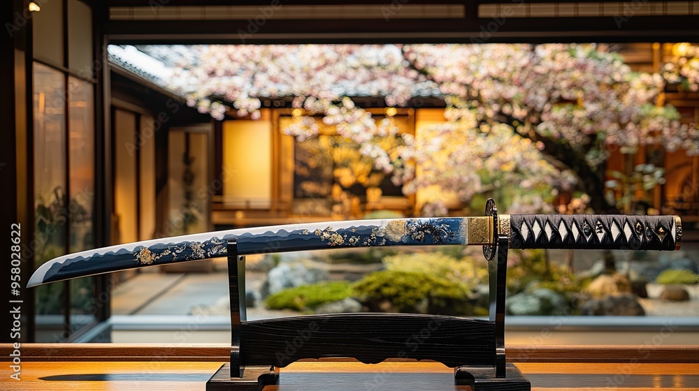 29. A close-up of a Japanese samurai sword displayed on a stand, with ...