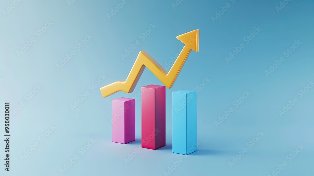 3D minimal data analysis icon with a rising bar graph and arrow ...