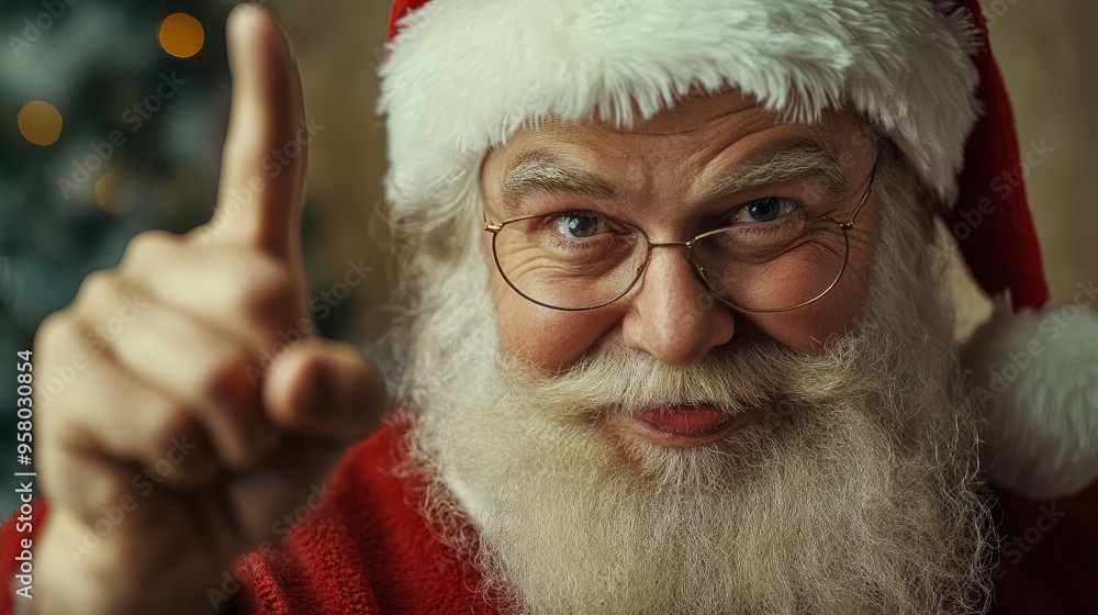 Funny happy excited old bearded Santa Claus face wearing costume ...