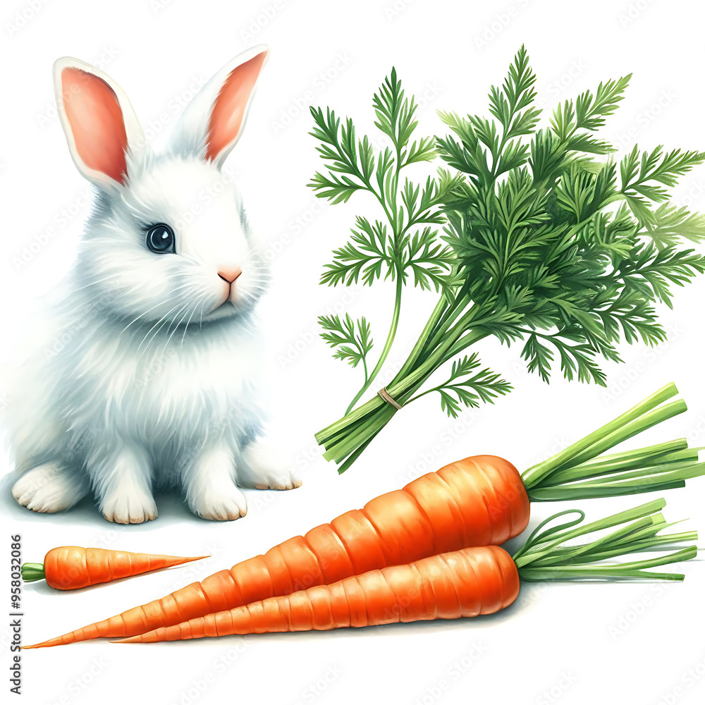 White Rabbit’s Carrot, watercolor clipart illustration with isolated ...