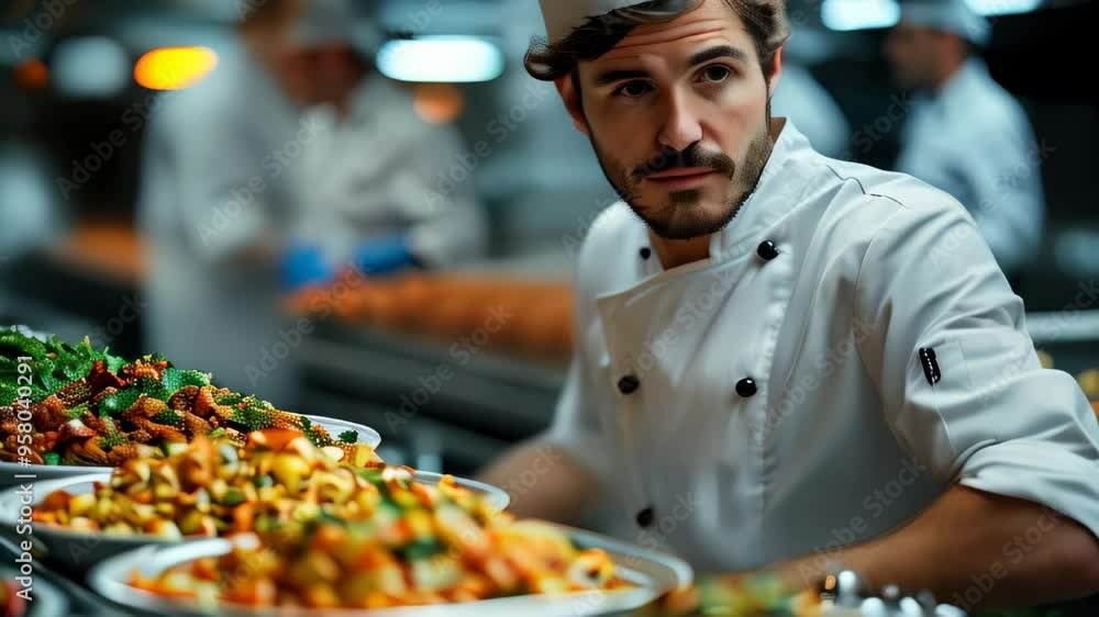 Chef preparing elaborate dishes in a bustling restaurant kitchen during ...