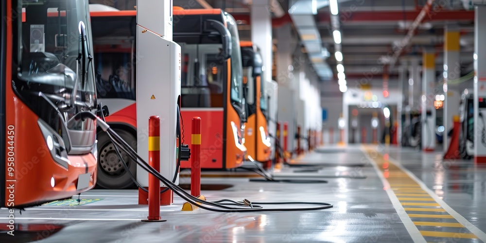 Electric buses charging at indoor station with power supply unit Stock ...