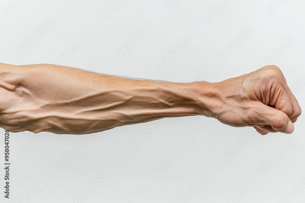 saggy wrinkled arm of an old person with veins bulging, with copy space ...