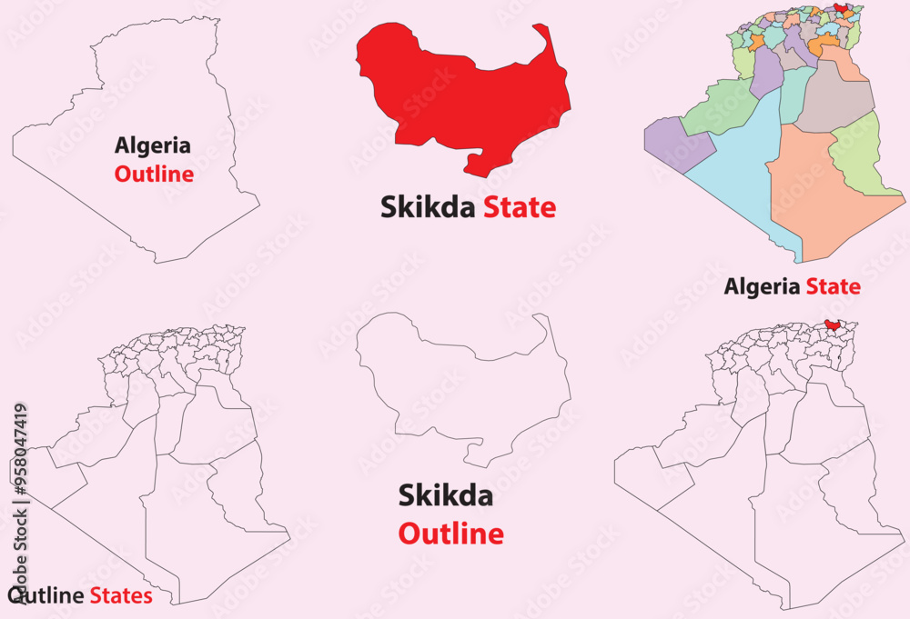 Skikda map vector of Algeria, Skikda line map, Skikda with city map ...