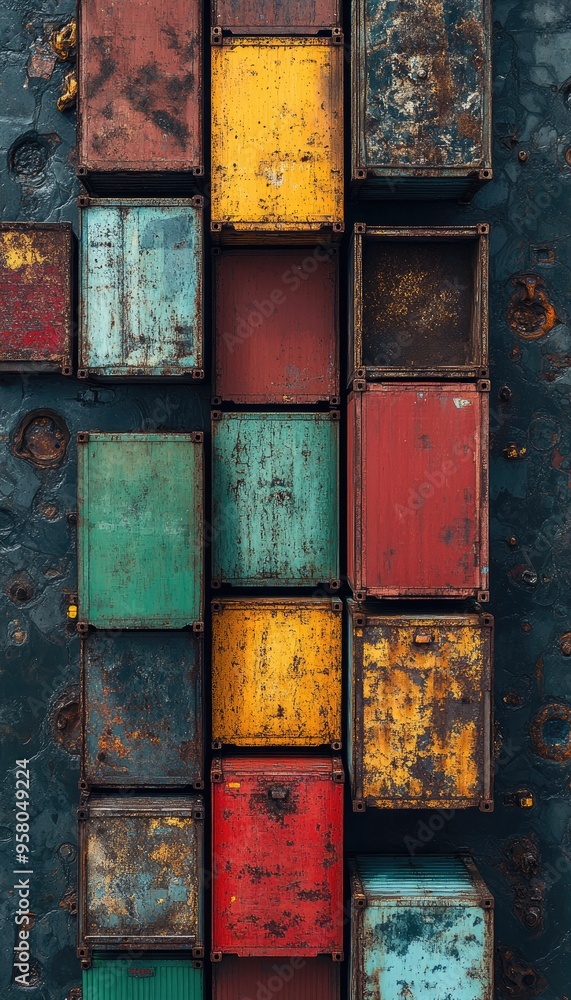 Stacked rusty containers in a row. This image can be used as an ...