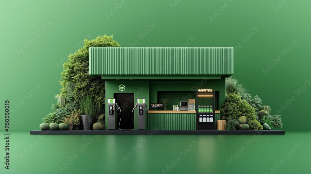 Modern green-themed gas station with fuel pumps, a shop, and abundant ...