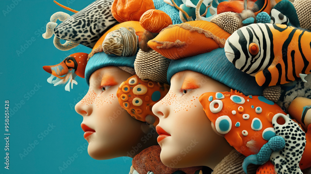 Artistic image of two people in profile with elaborate headpieces ...