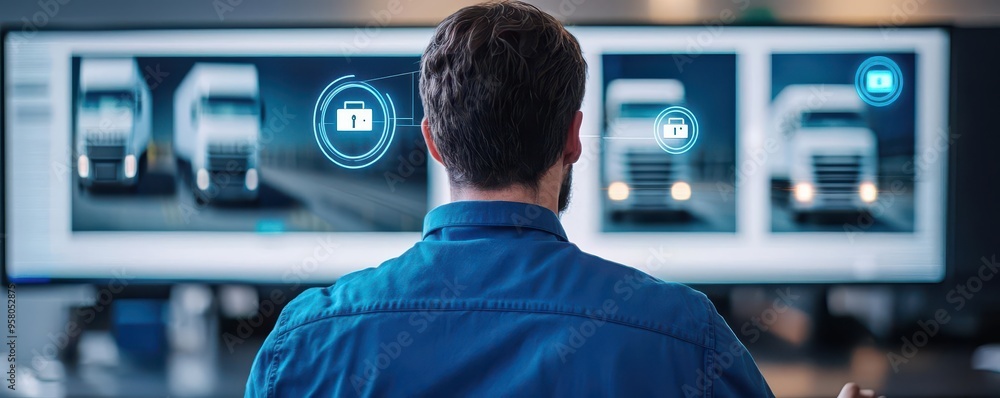 A logistics manager remotely monitoring a fleet of trucks via a secure ...