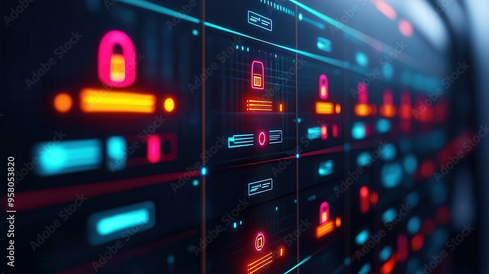 A digital dashboard displaying logistics data with encryption icons, secure access protocols ...
